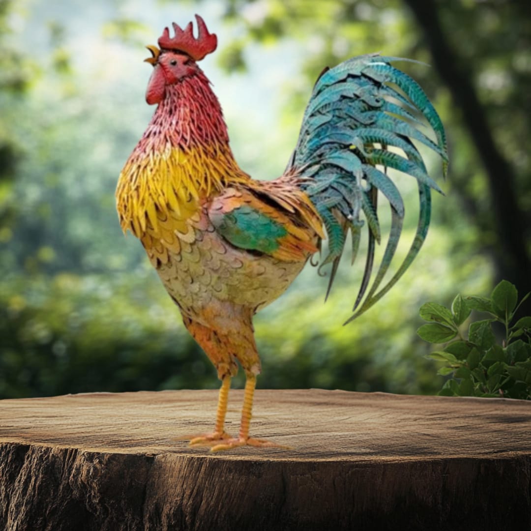 Metal Rooster Garden Decor, Colorful Rooster Sculpture, Durable Outdoor ...