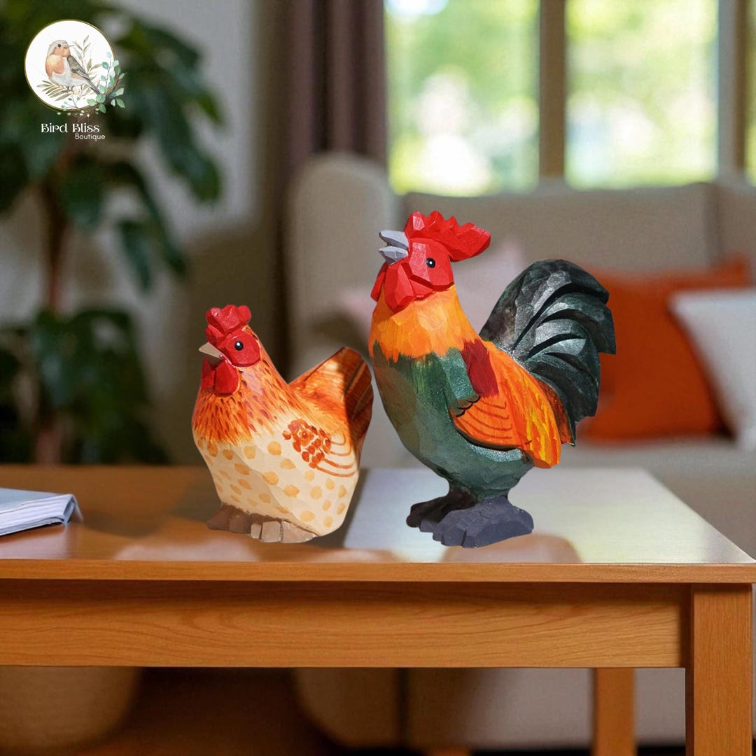 Hand Carved Wooden Rooster Hen Figurines, Rustic Farmhouse Animal Decor ...