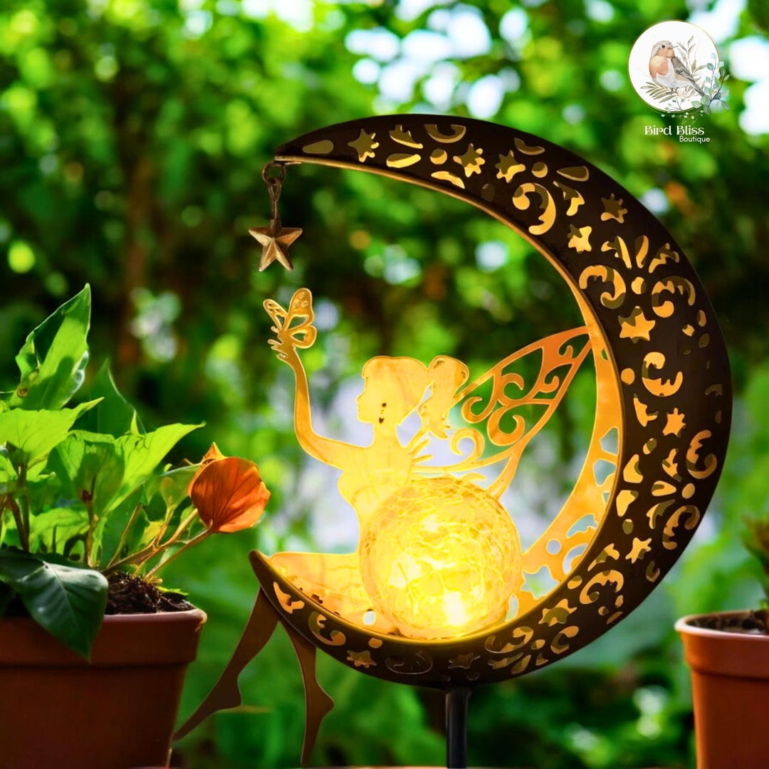Solar Fairy Garden Statue, Metal Moon Decor, Outdoor Light - Etsy