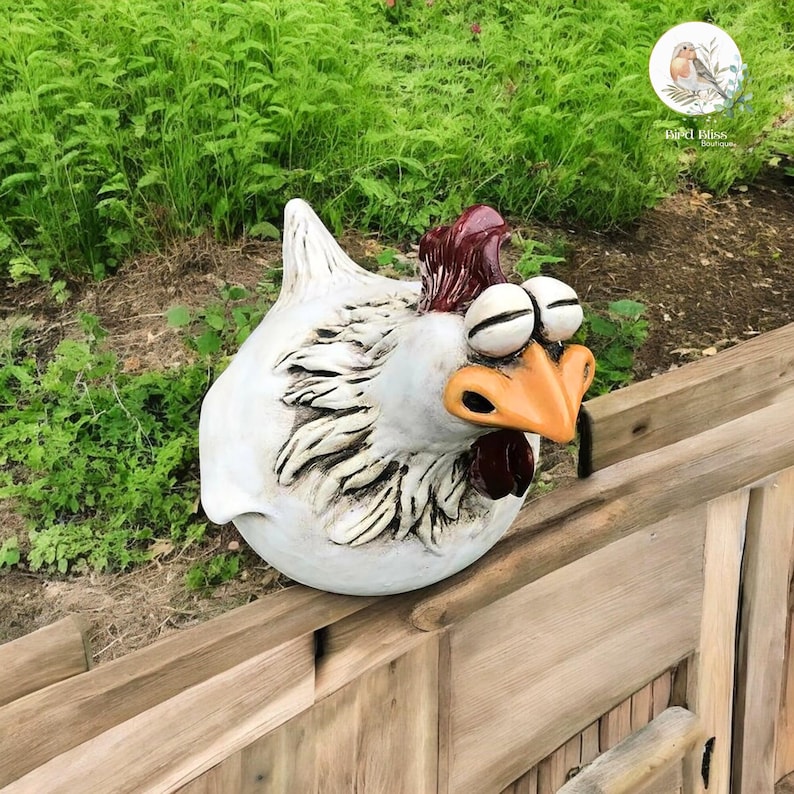 Funny Resin Chicken Fence Statue, Whimsical Garden Decor - Etsy