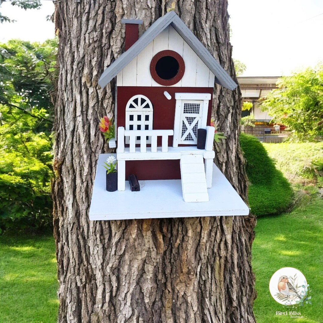 Red Wooden Hanging Bird House, Cute Small Bird Feeder, Charming Outdoor ...