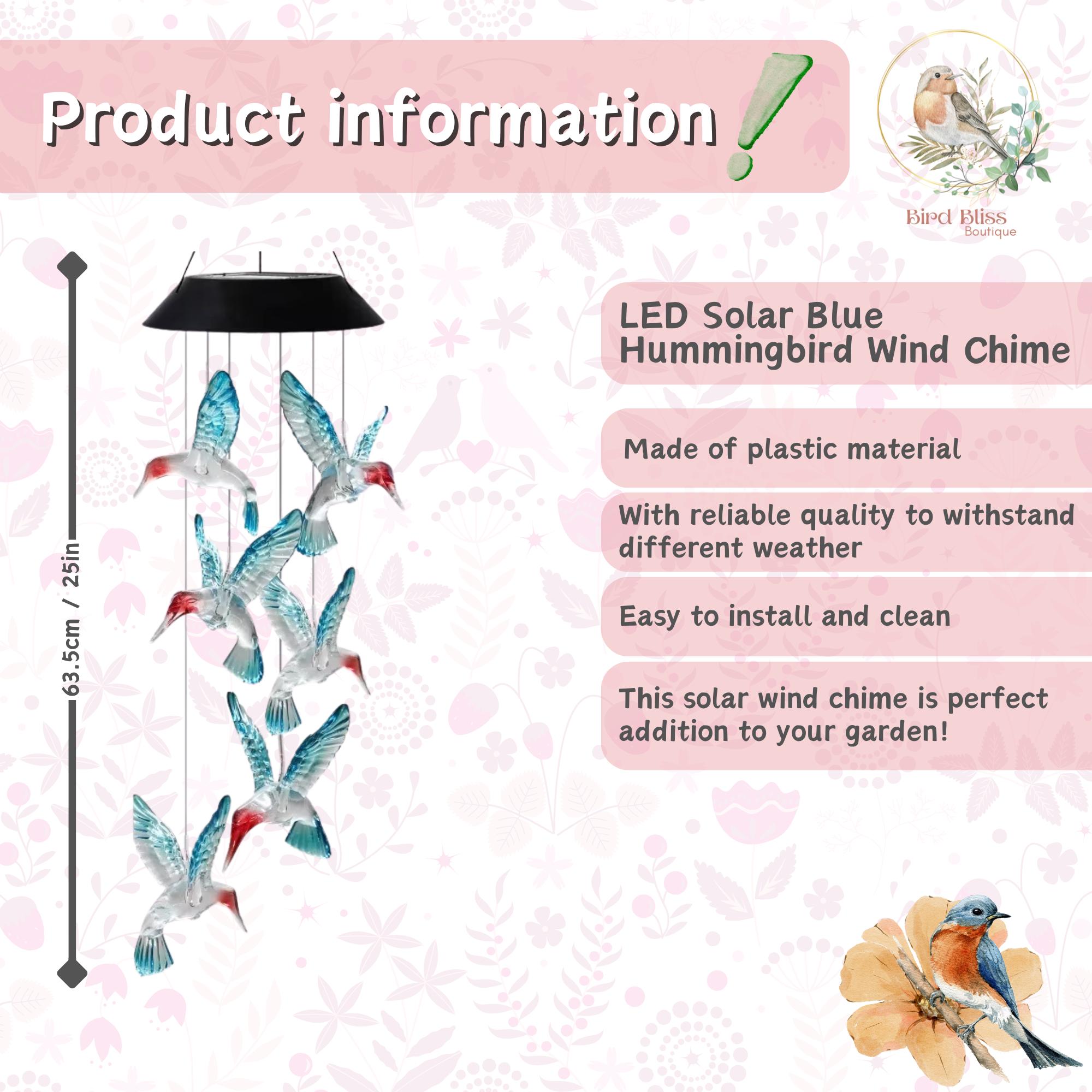 LED Solar Blue Hummingbird Wind Chime, Solar Powered Wind Chime With ...