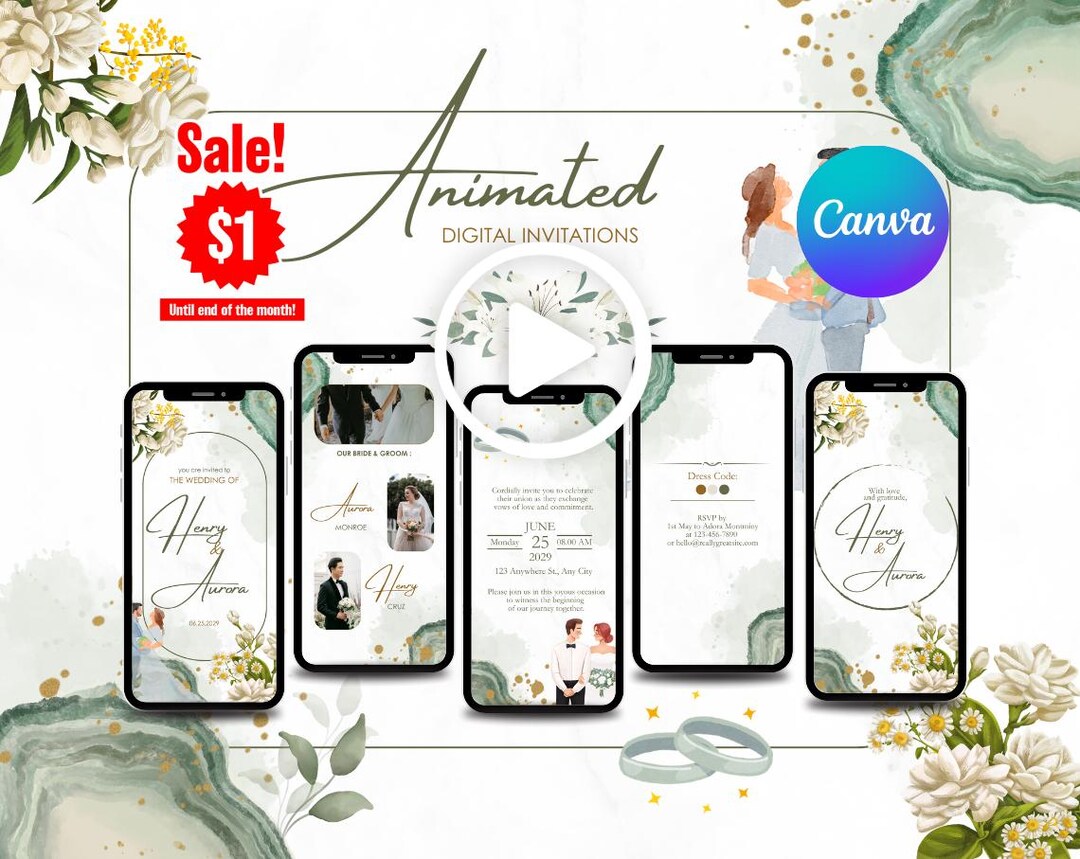 ANIMATED Wedding Invitations Floral Editable Template DIY Wedding ...