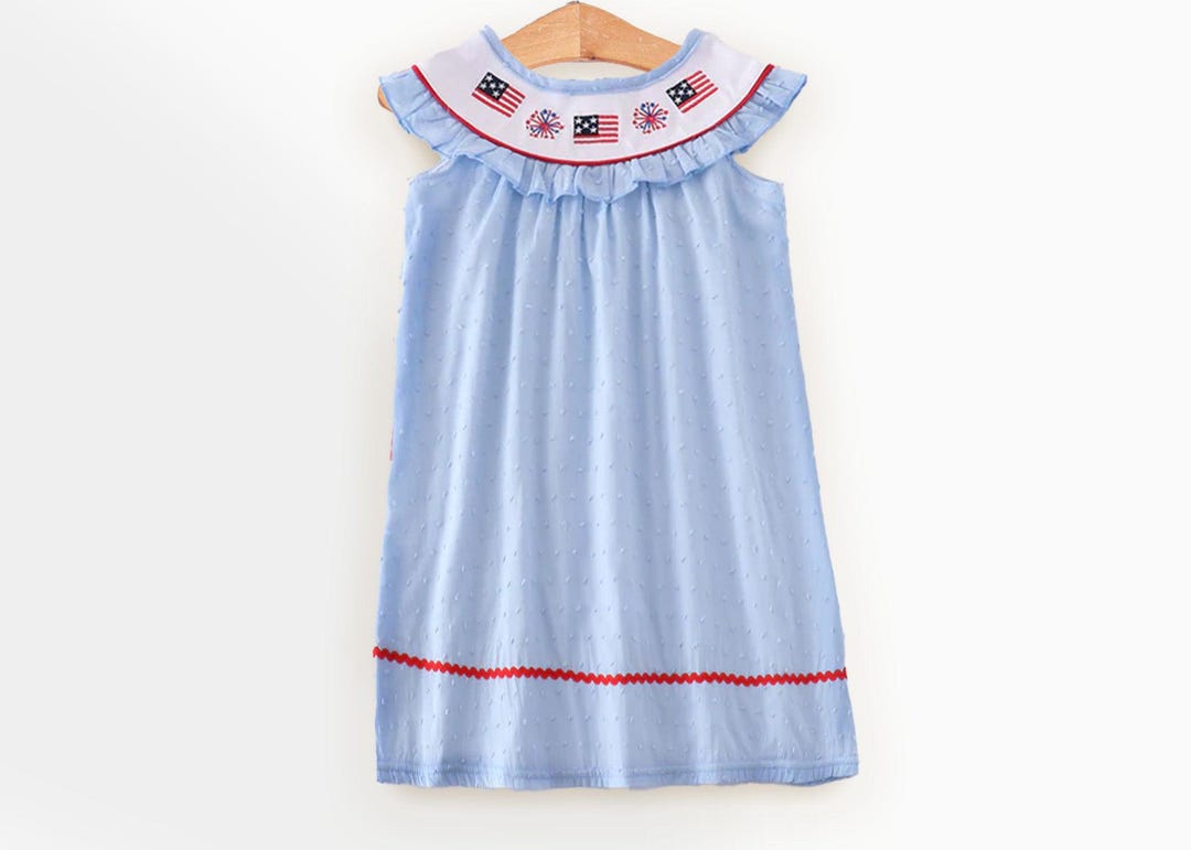 Girls 4th of July Smocked Dress, Fireworks, American Flag, Embroidered ...