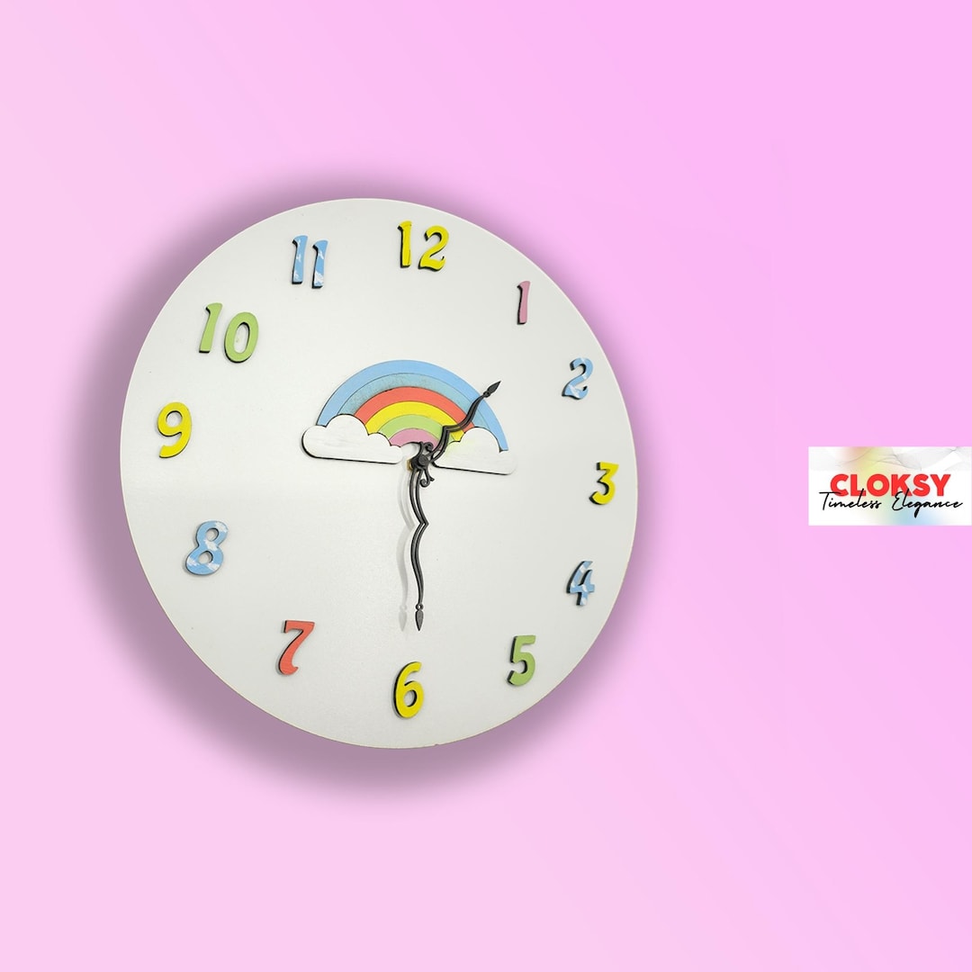 Rainbow Wall Clock Round Wooden Clock With Clouds and Colorful Numbers ...