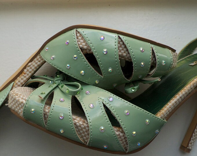 Mint Green Heels Sparkly Patent Bow Burlesque Shoes Swarovski Crystals ...