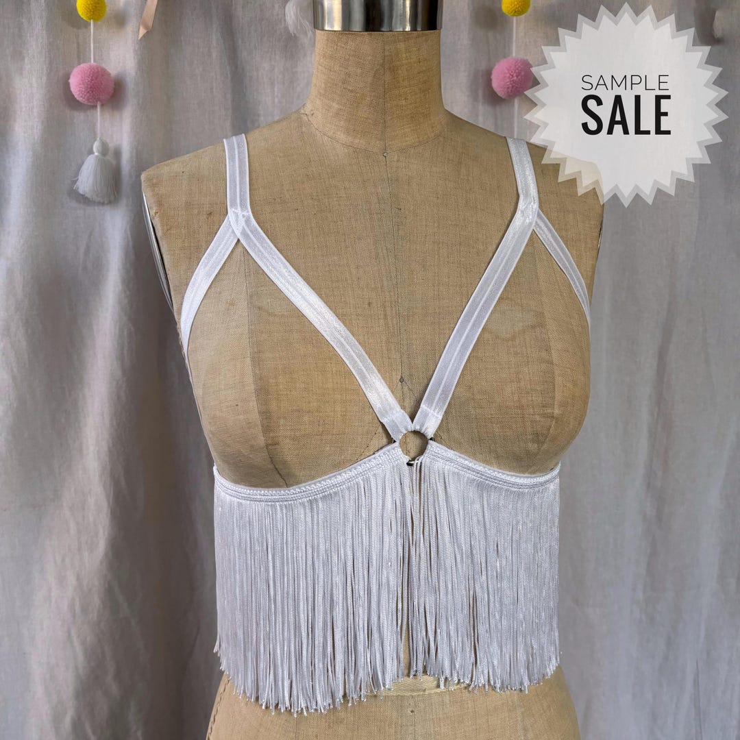 Sample Sale White Ylva Shimmy Midriff Fringe Burluxe Cage Bra Burlesque ...