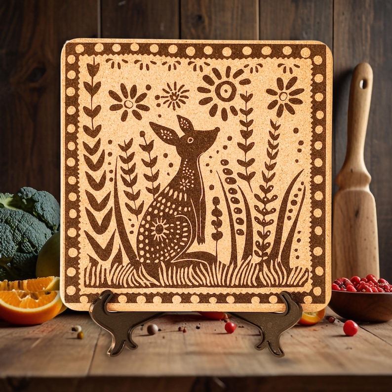 Large Oak Cork Trivet - Folk Art - Rabbit - Etsy