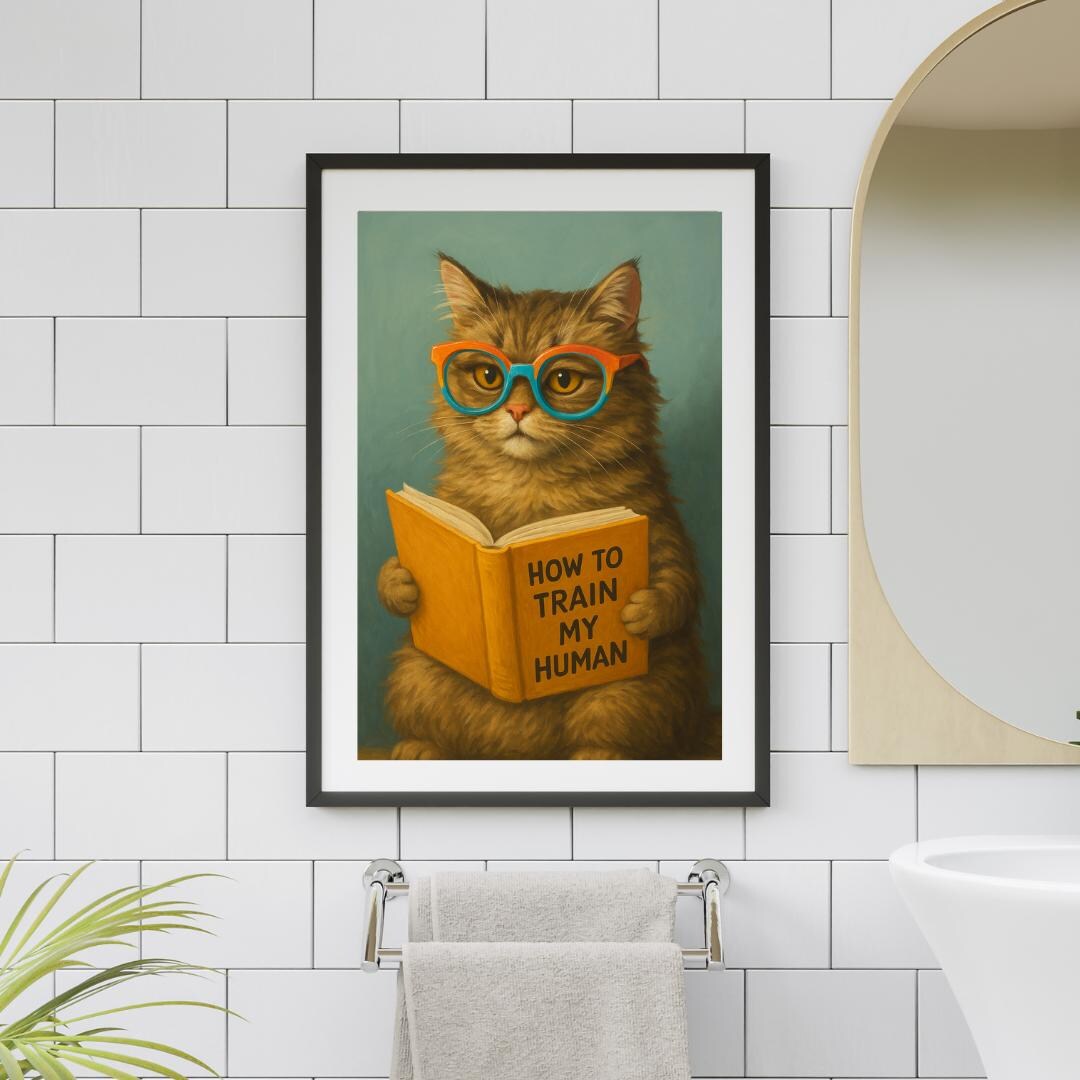 Funny Cat Art, Funny Cat, Cat Reading Book, Bathroom Funny Posters ...