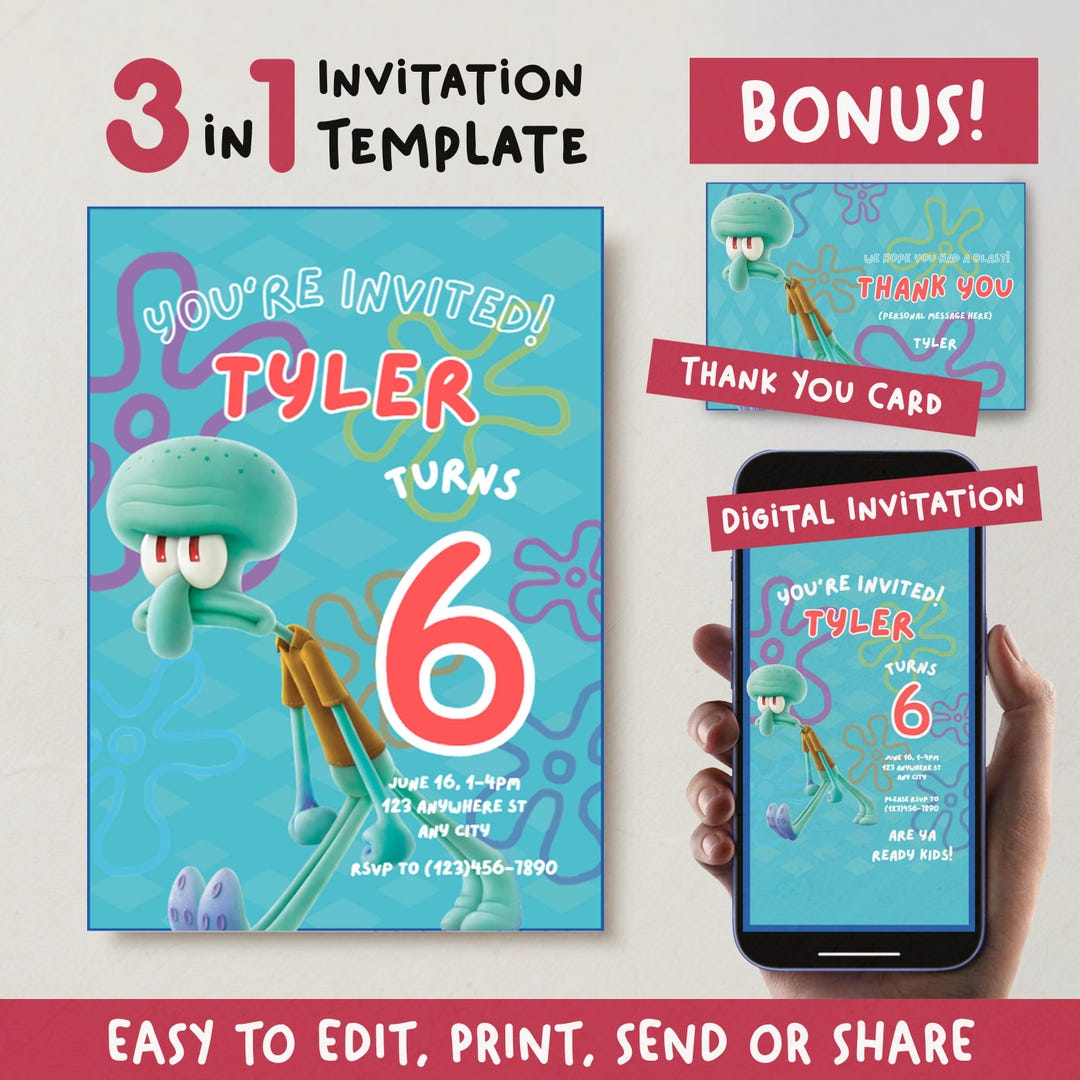Editable Squidward Birthday Invitation Template Spongebob Party Invite ...