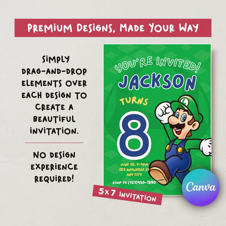 Editable Luigi Birthday Invitation Template Nintendo Party Invite, Kids ...