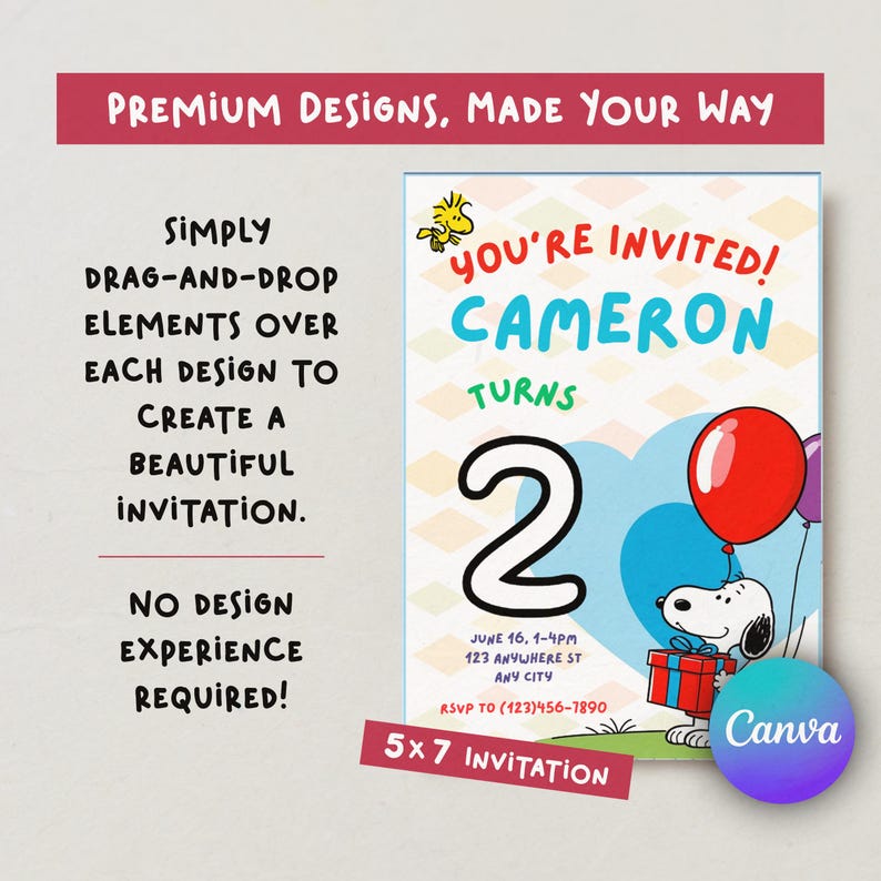 Editable Snoopy Birthday Invitation Template Peanuts Party Invite, Kids ...
