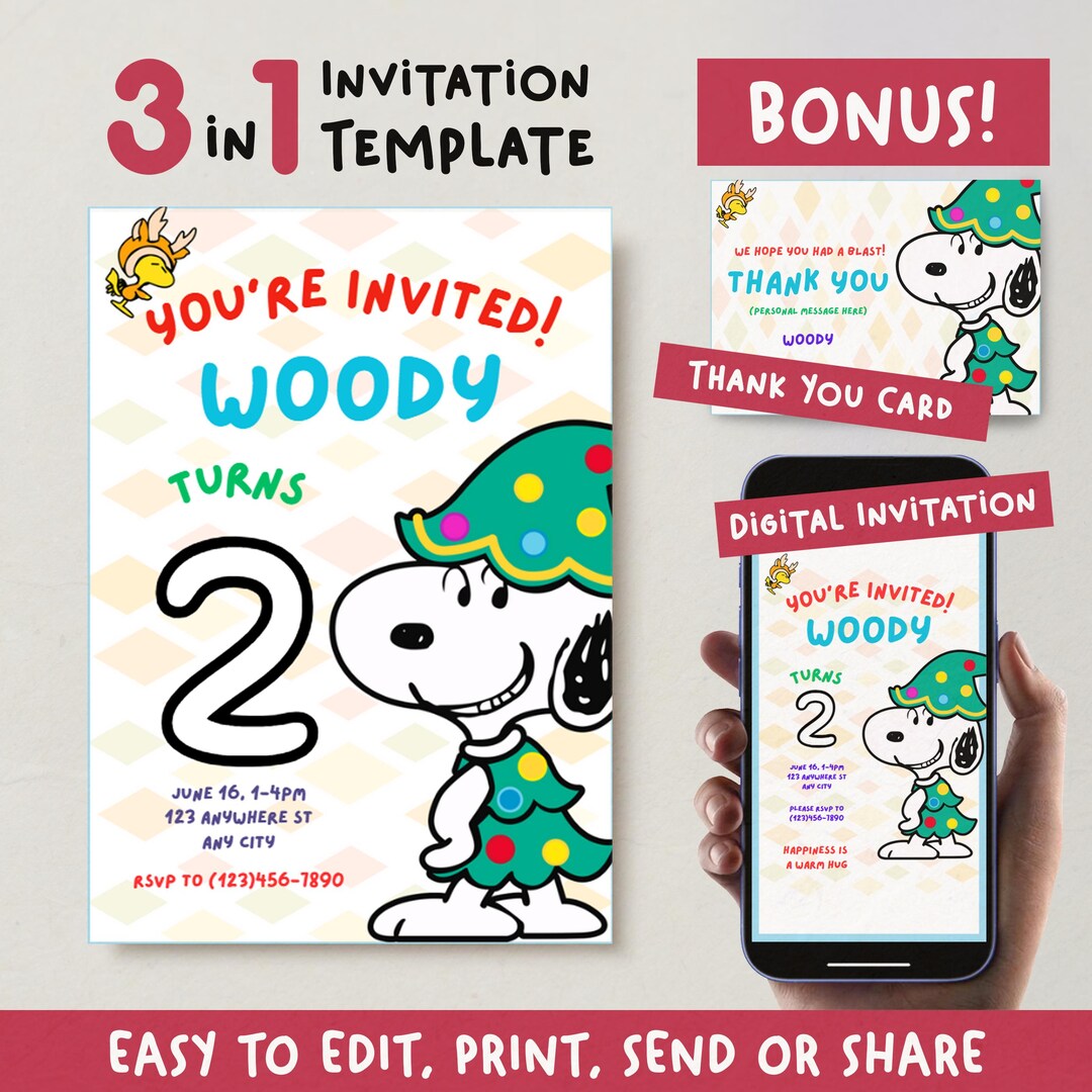 Editable Christmas Birthday Invitation Template Snoopy Party Invite ...