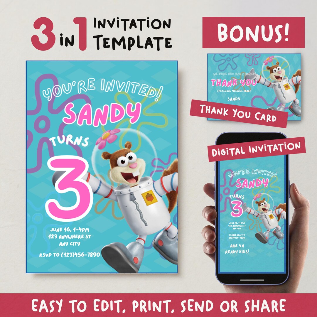 Editable Sandy Cheeks Birthday Invitation Template Spongebob Party ...