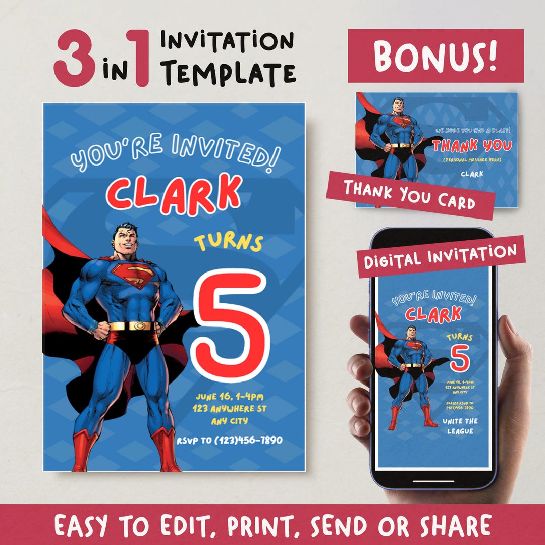 Editable Superman Birthday Invitation Template Superhero Party Invite ...
