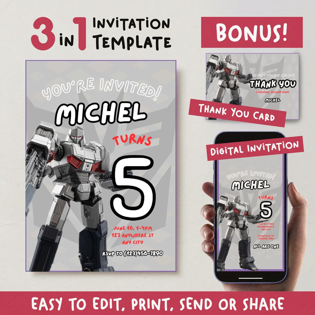 Editable Robot Villain Birthday Invitation Template Boys Party Invite ...