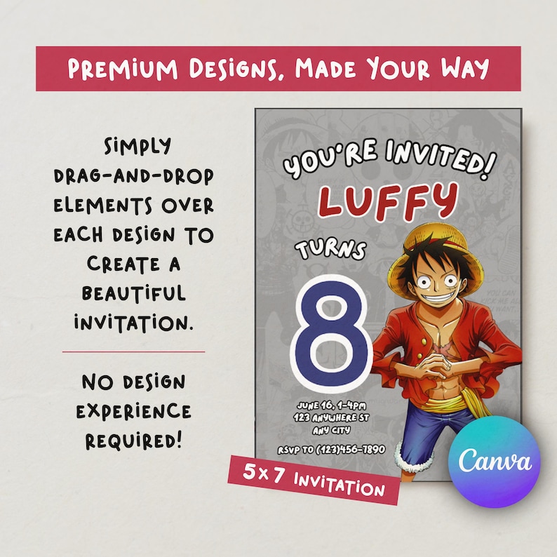 Editable Captain Birthday Invitation Template Anime Party Invite, Kids ...