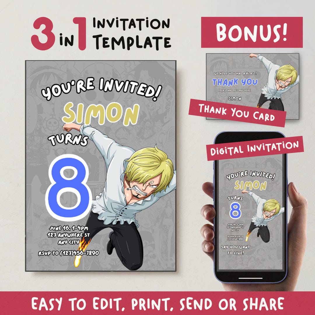 Editable Sanji Birthday Invitation Template One Piece Party Invite ...
