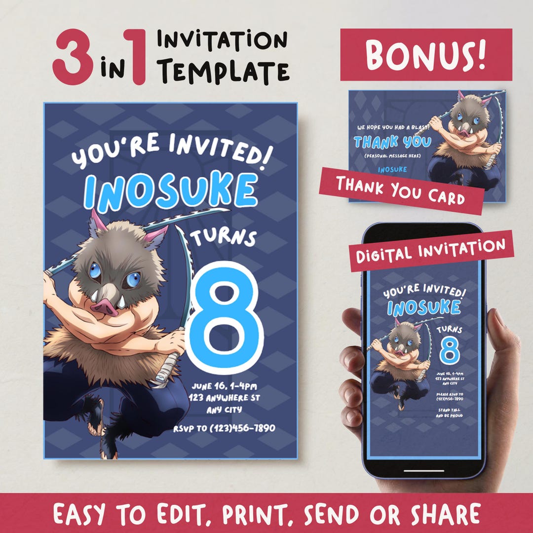 Editable Inosuke Birthday Invitation Template Demon Slayer Party Invite ...