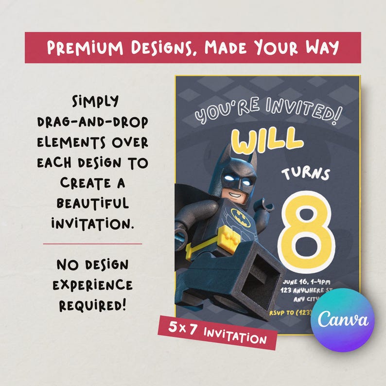 Editable Lego Batman Birthday Invitation Template Lego Party Invite ...