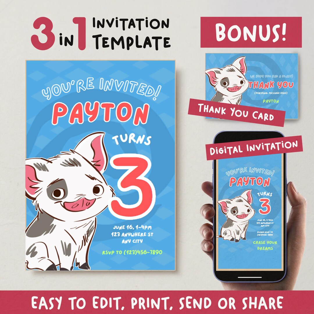 Editable Piggy Birthday Invitation Template Cute Animal Party Invite ...