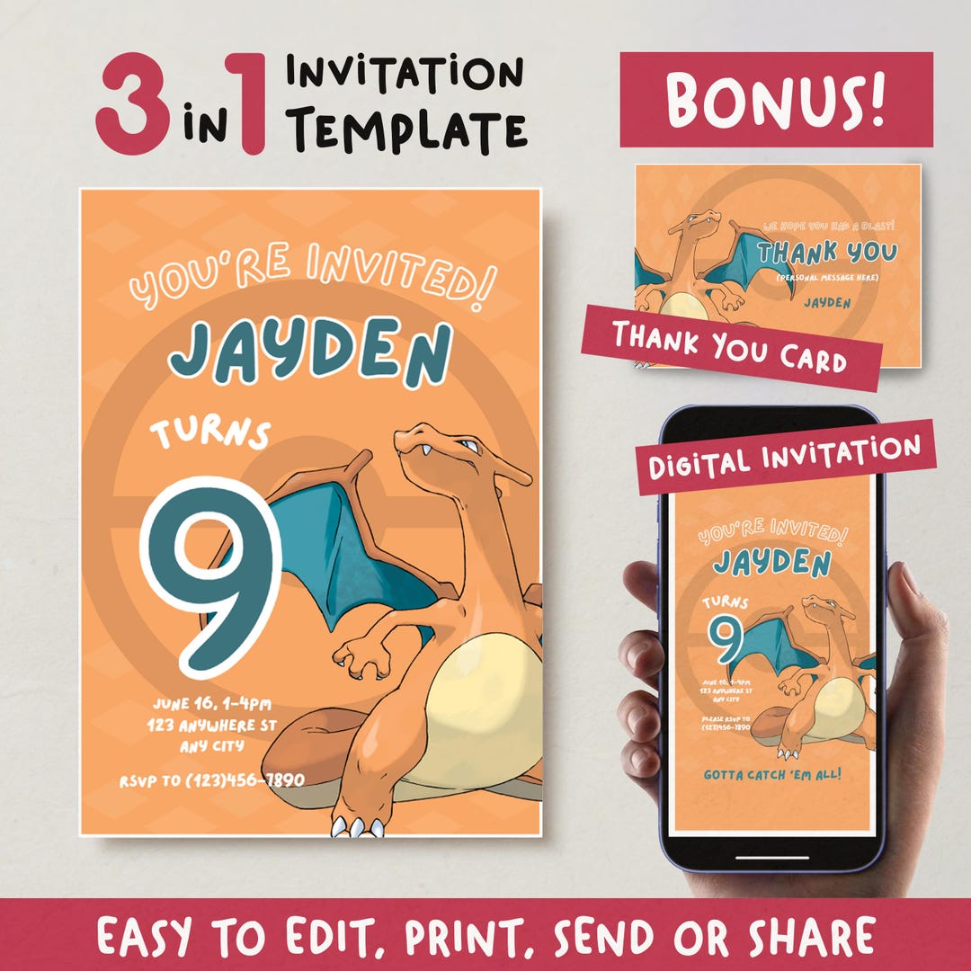 Editable Charizard Birthday Invitation Template Pokémon Party Invite ...