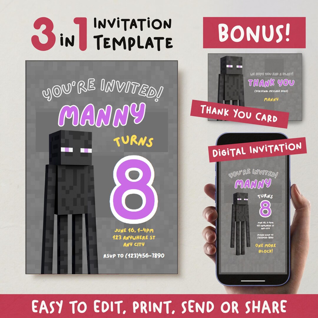 Editable Ender Birthday Invitation Template Video Game Party Invite ...