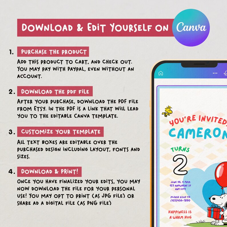 Editable Snoopy Birthday Invitation Template Peanuts Party Invite, Kids ...