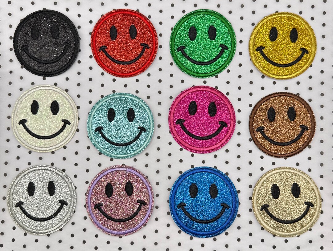 Glitter Smiley Face Iron On/sew on Clothing Patches - Multiple Colours ...