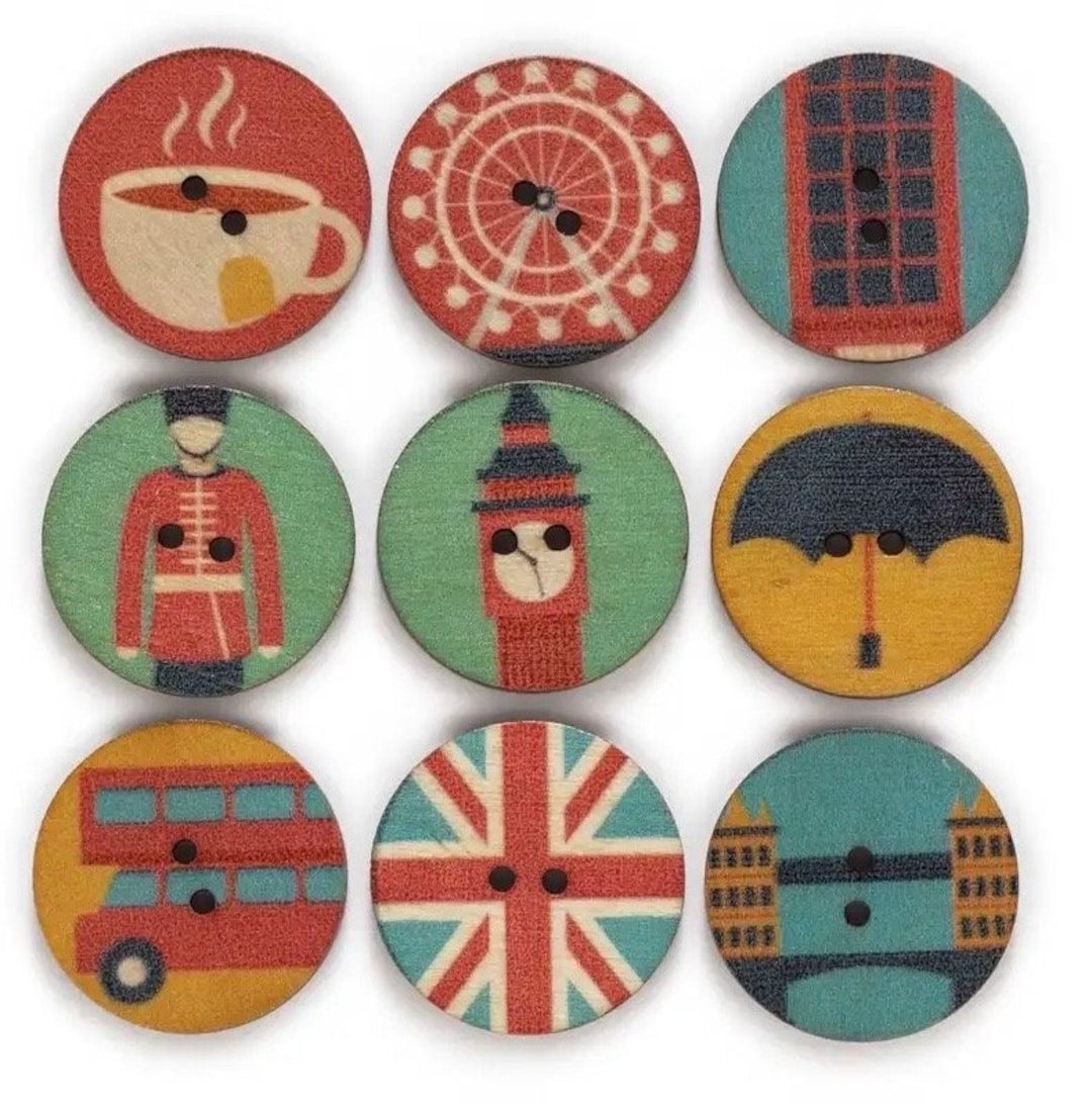 British Themed London Wooden Buttons X 9. Round Wooden Buttons in 2 ...
