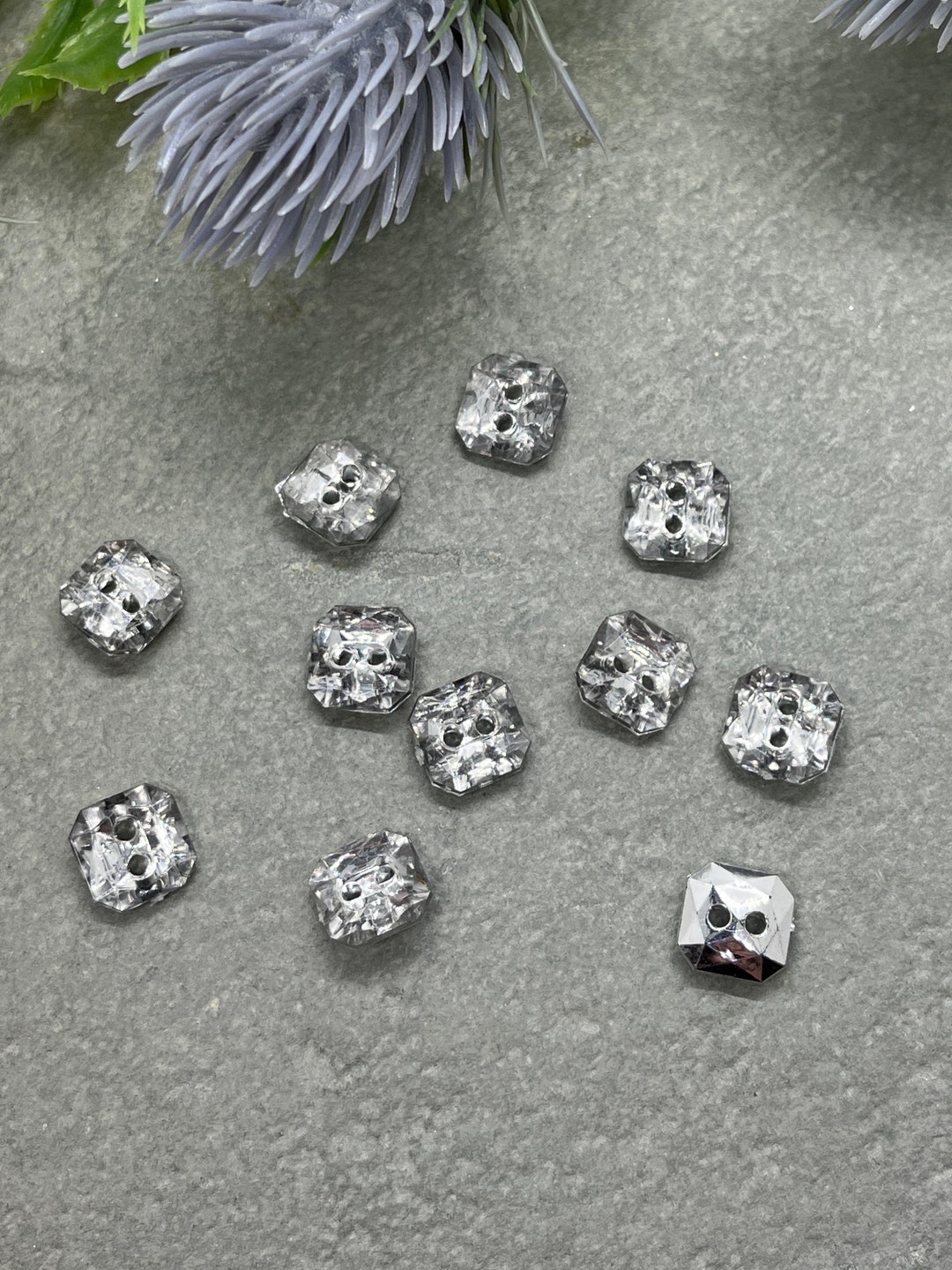 12mm Square Shaped Sparkly Crystal Buttons X 15. Two Hole Silver ...