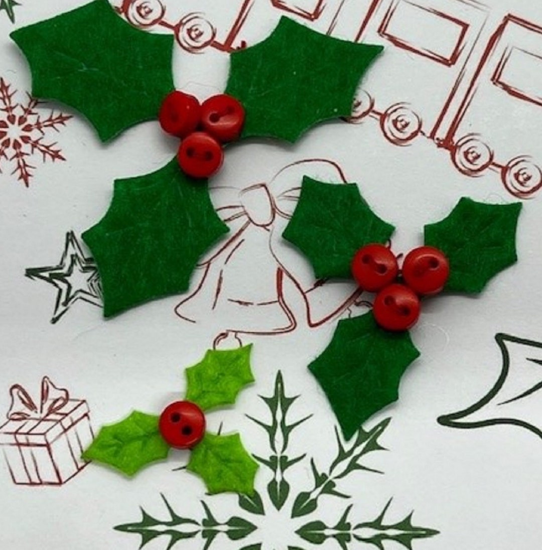Felt Christmas Holly Leaves With Button Berries. Various Sizes and ...