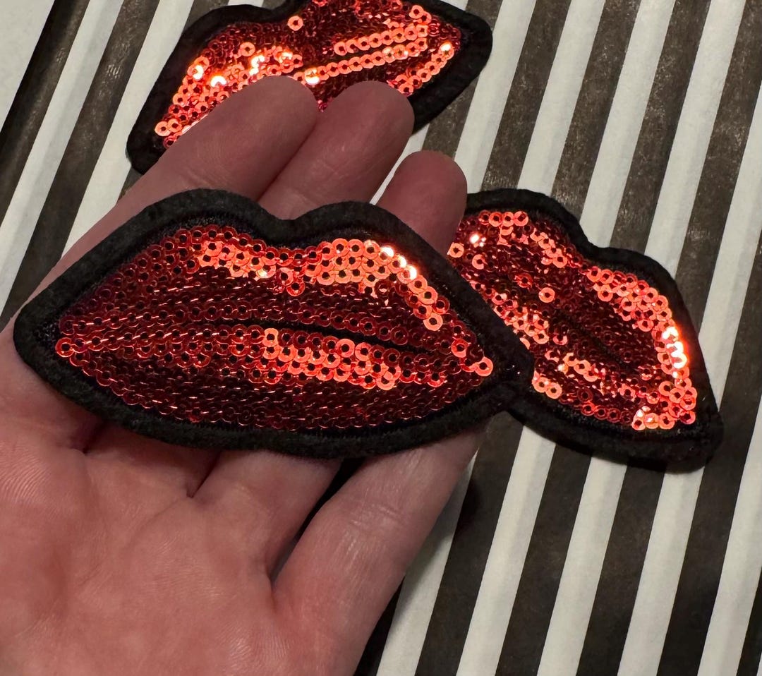 Iron on Sequin Lip Patches. 80mm Glitter Red Lips. Large Lips Shaped ...