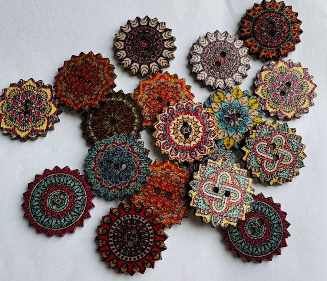 Natural Wood Bohemian Buttons. Flower Shaped Mandala Style Sewing ...