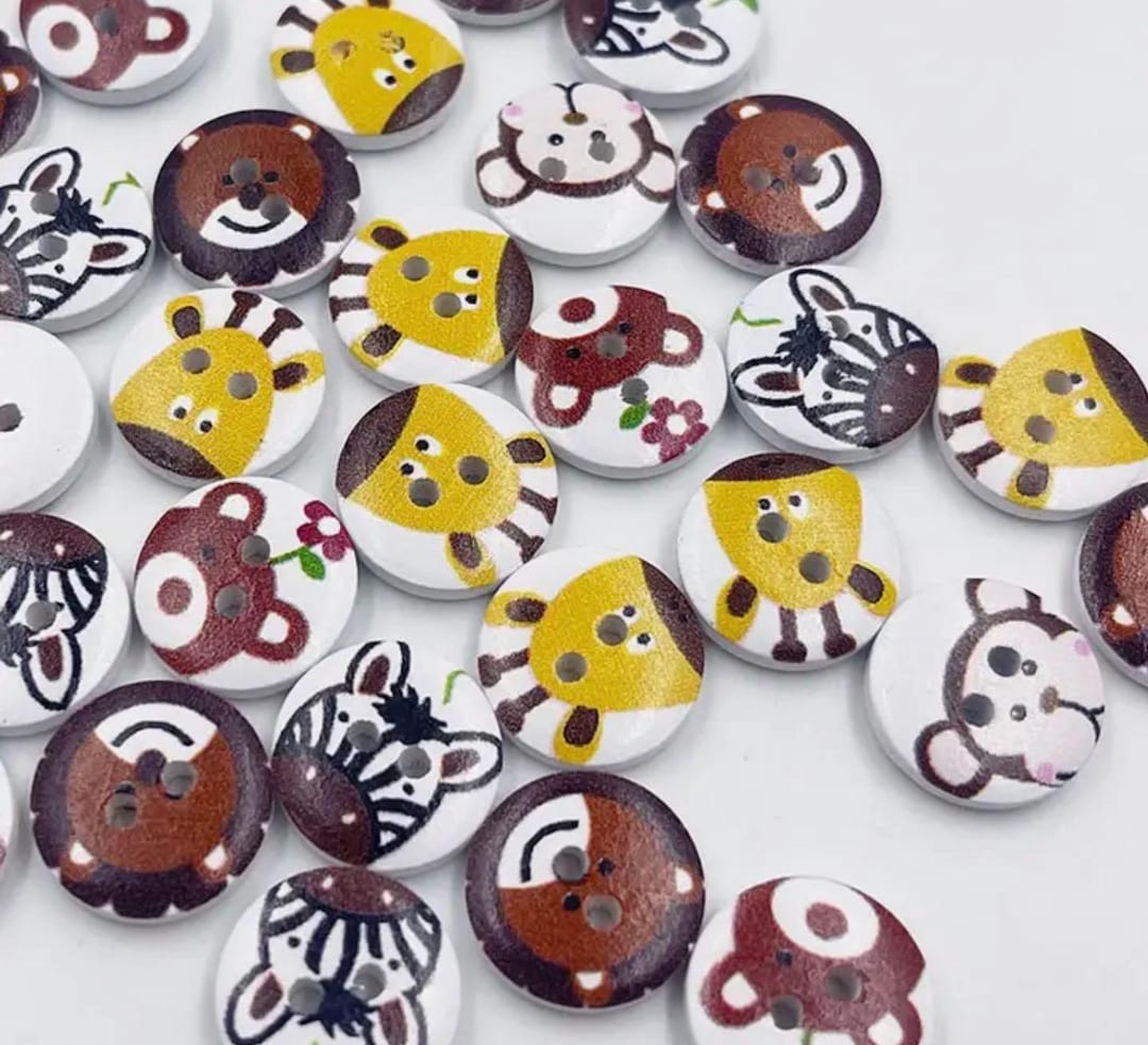 15mm Colourful Animal Face Buttons, Wooden Zoo Buttons. Wildlife Animal ...