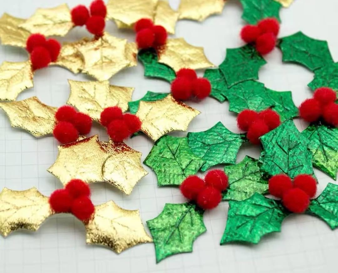Christmas Holly Leaves With Pom Pom Red Berries. Fabric Green and Gold ...