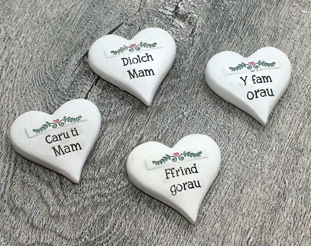 Rustic Porcelain Welsh Miniature Hearts - Caru Ti Mam, Diolch Mam, Y ...