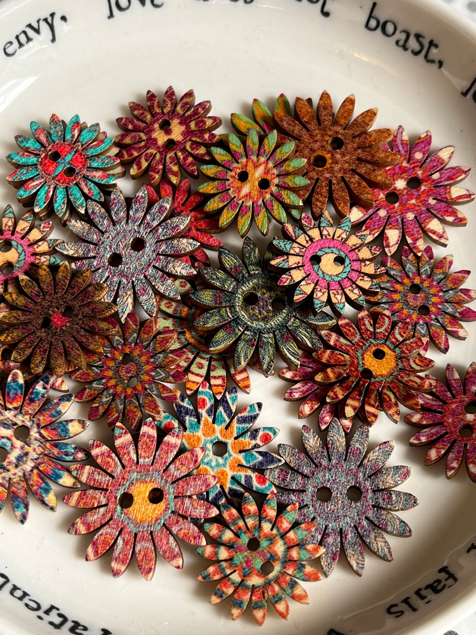 Natural Wood Bohemian Buttons. Flower Shaped Mandala Style Sewing ...