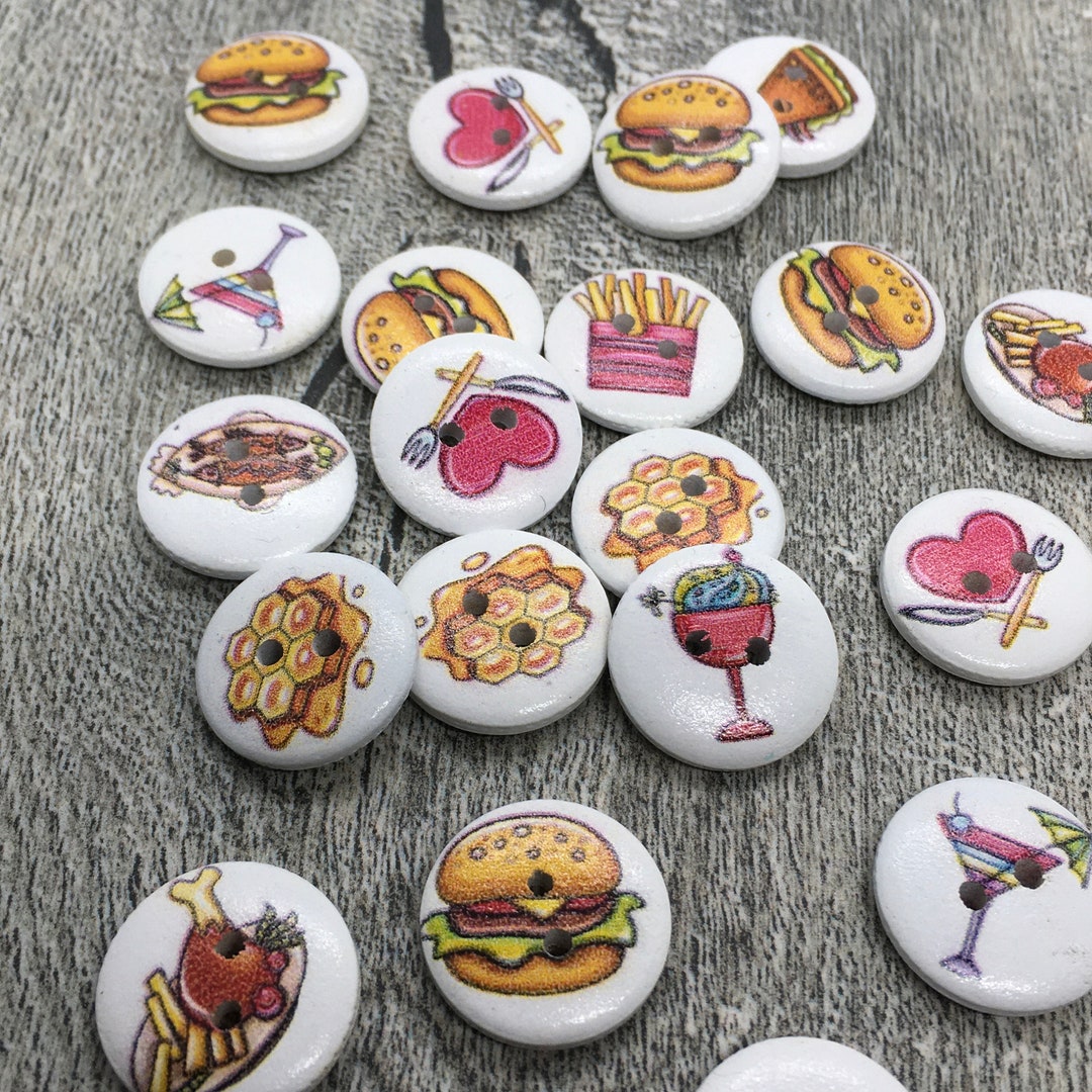 Fast Food Inspired Wooden Buttons X 15, Food & Drink, Fish, Burgers ...