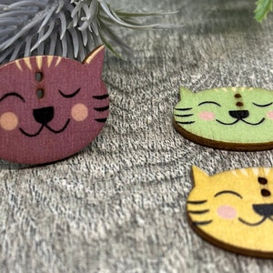 Wooden Cat Face Buttons in Mixed Colours. 30 Mm Feline Friend Buttons ...