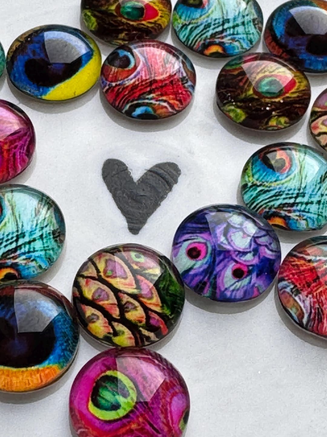 Peacock Feather Print Cabochons, Mixed Colour Pattern, 12mm ...