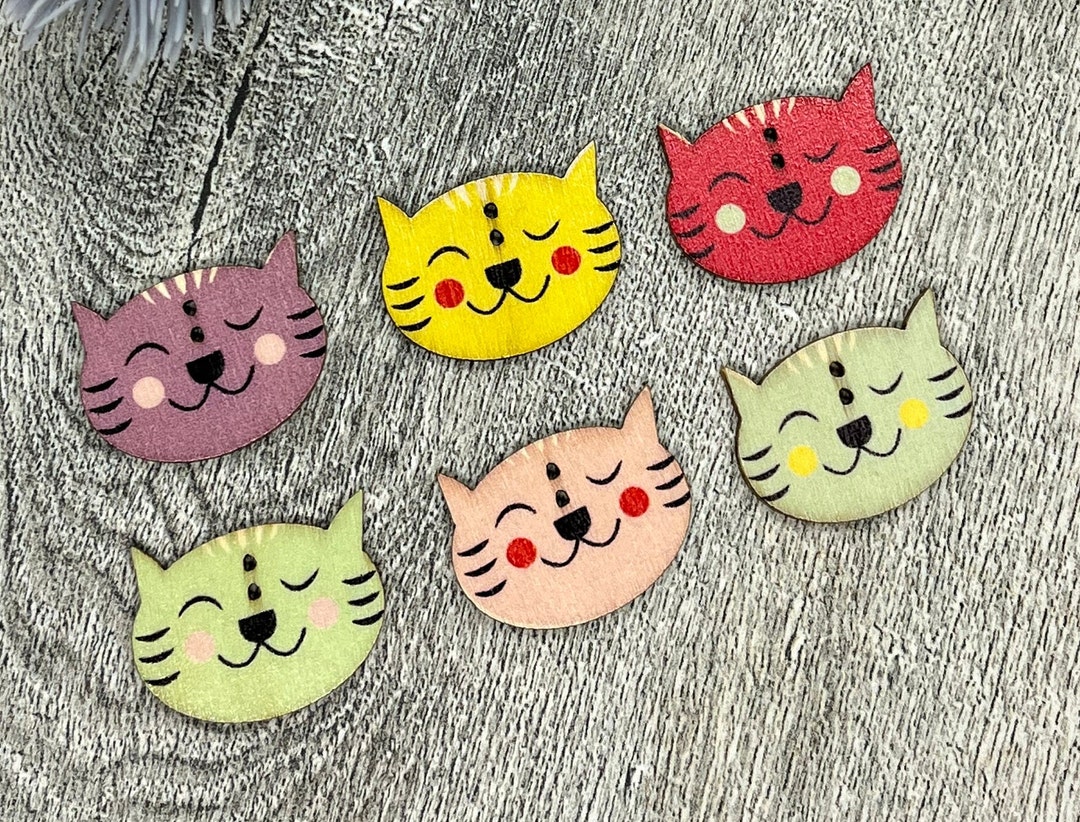 Wooden Cat Face Buttons in Mixed Colours. 30 Mm Feline Friend Buttons ...