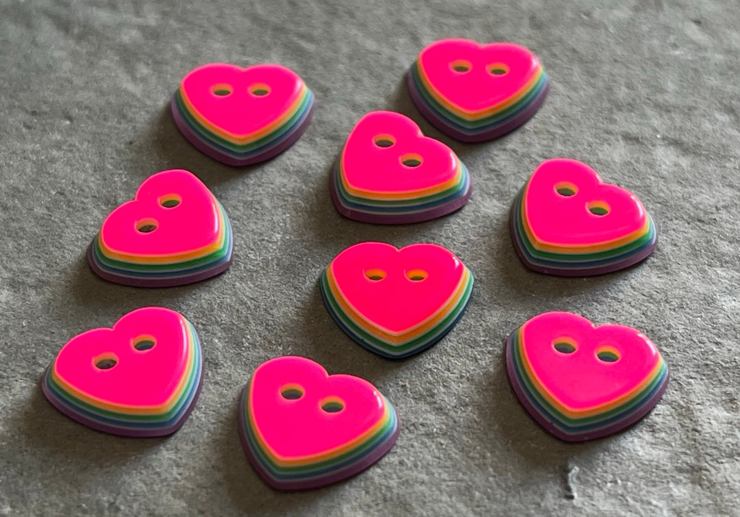 Candy Striped Neon Pink Rainbow Buttons. 11 Mm Heart Shaped Resin ...