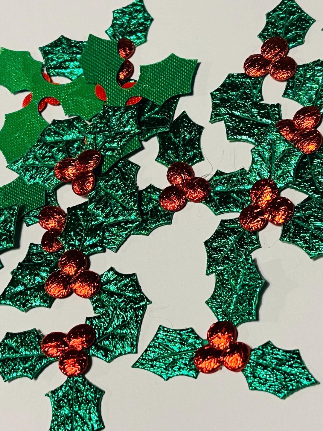 Christmas Holly Leaves With Red Berries. Fabric Green Shiny Holly ...