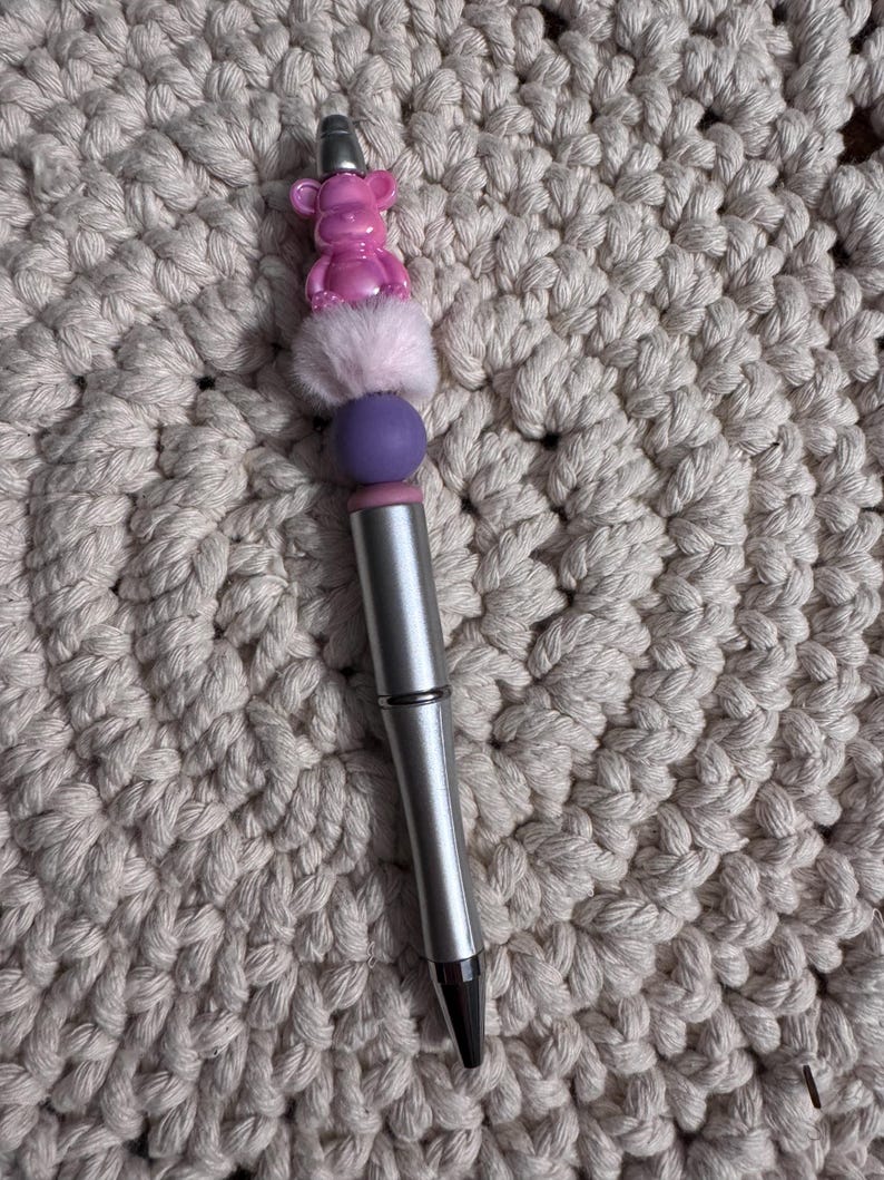 Gummy Bear Pen, Fuzzy Pen, Teddy Bear Ink Pen, Beaded Pen, Silver Pink ...