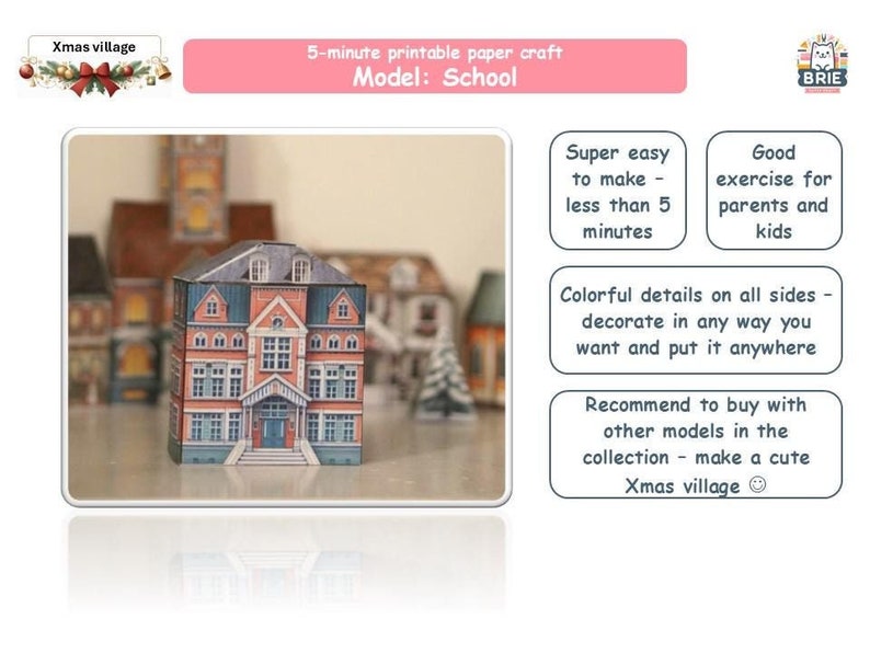 Printable Christmas Paper House Kit, Miniature School Template, DIY ...