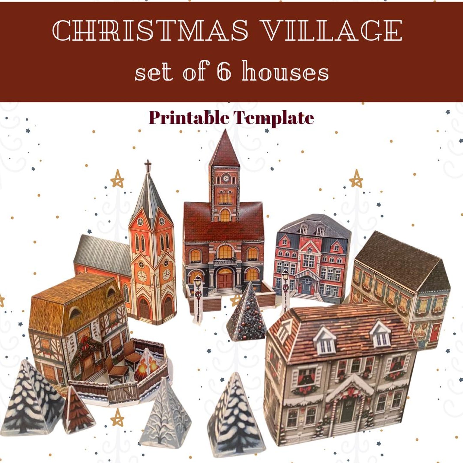 Christmas Village Set of 6: Church, School, Town Hall + 3 Houses ...