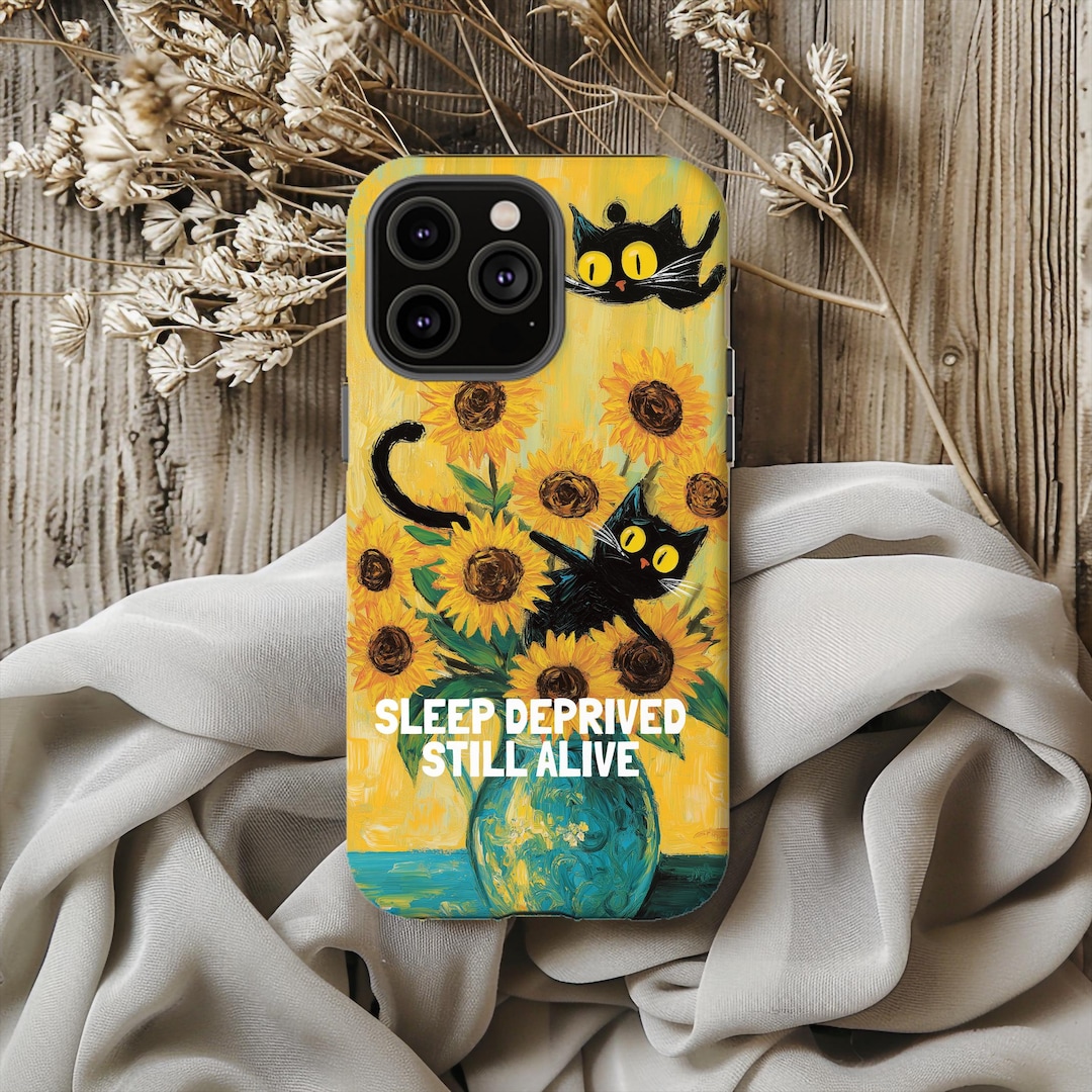 Sleep Deprived Still Alive Mom Phone Case - Funny Van Gogh Cat Meme for ...