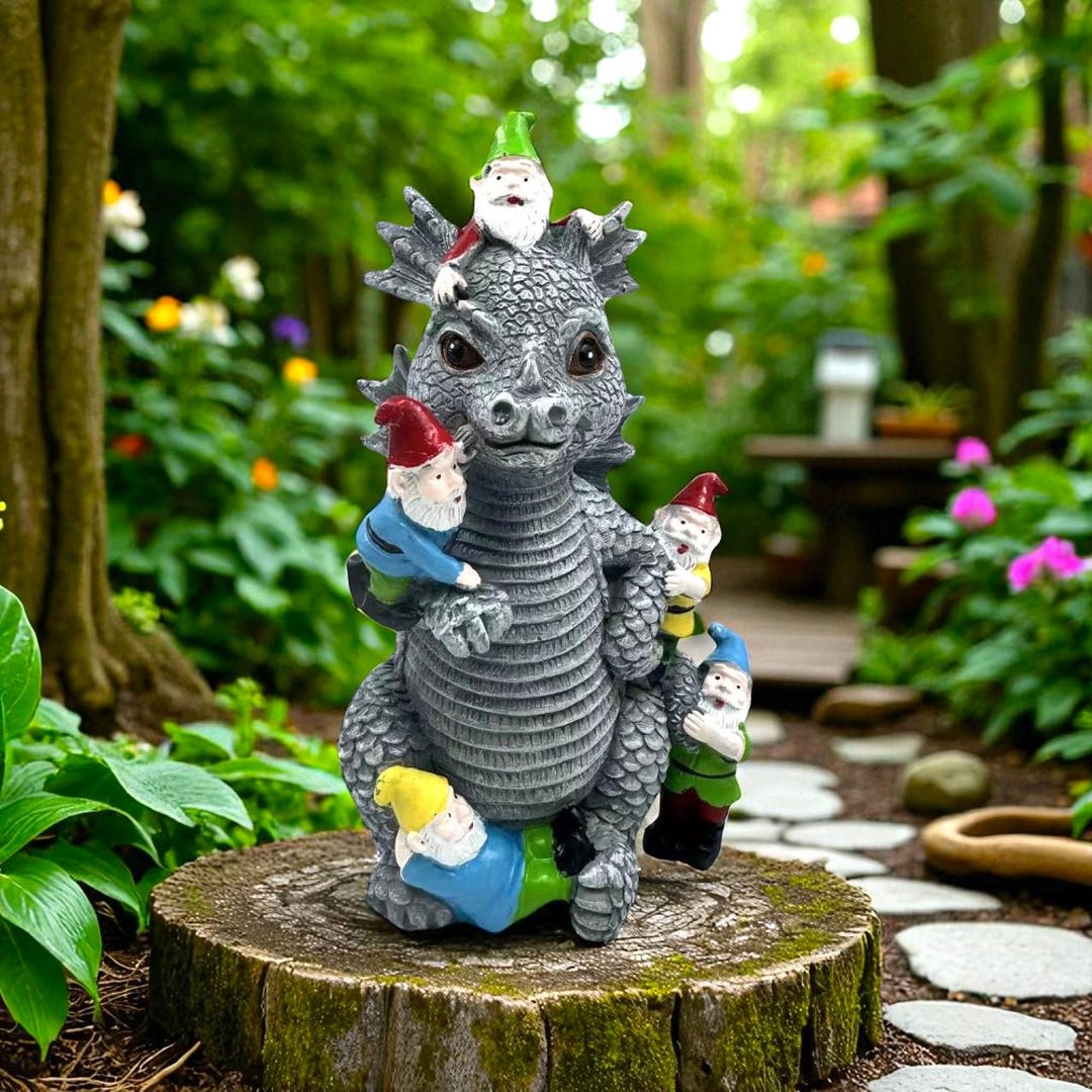 Dragon With Gnomes Garden Statue: Funny Outdoor Decor Gift - Etsy