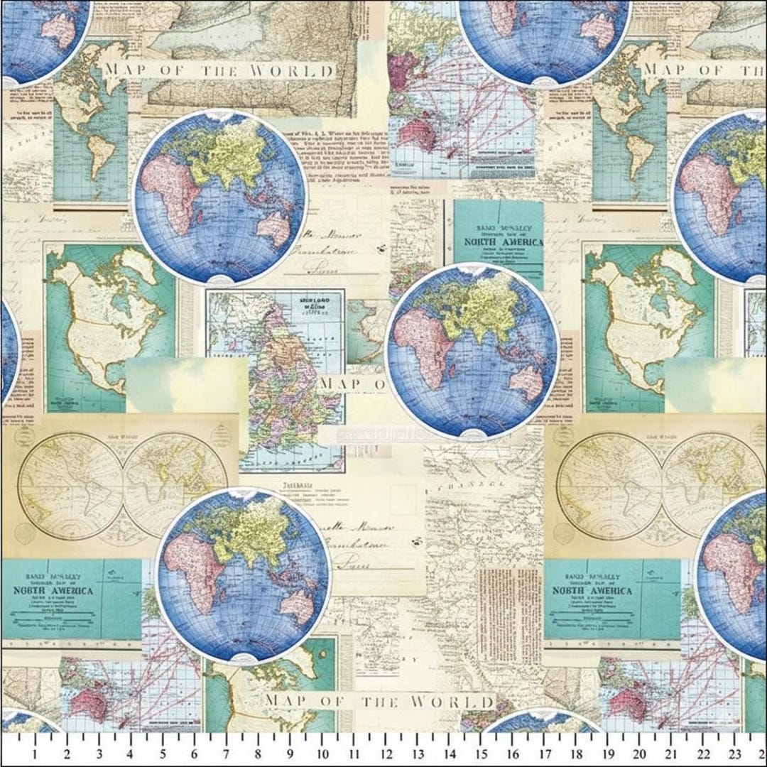 Vintage Cartography World Map - David Textiles Cotton Fabric (1 Yard ...